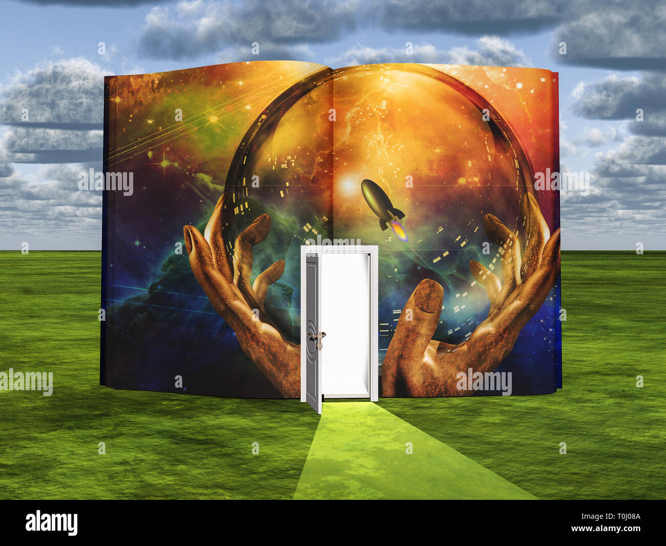 Book with science fiction scene and open doorway of light Stock Photo ...