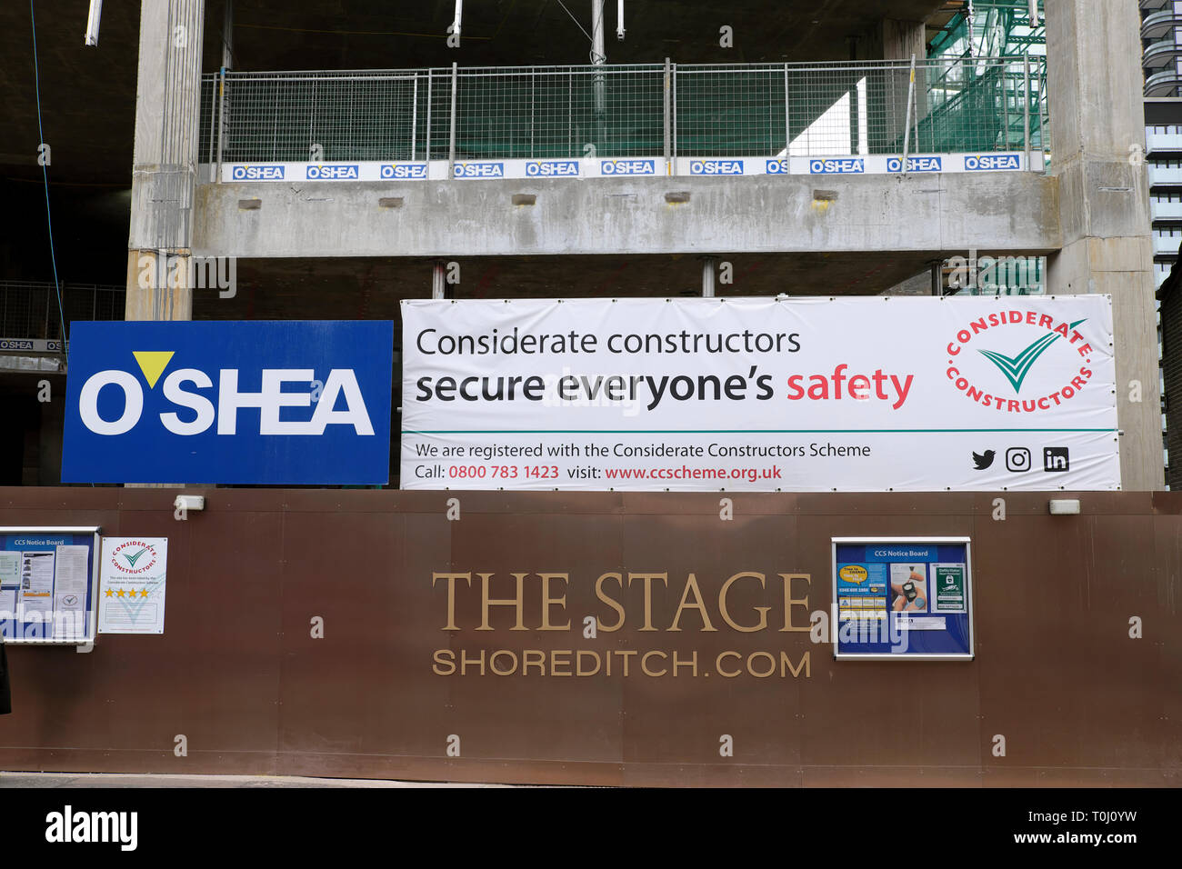 The Stage Shoreditch O'Shea construction hoarding sign on the site of ...