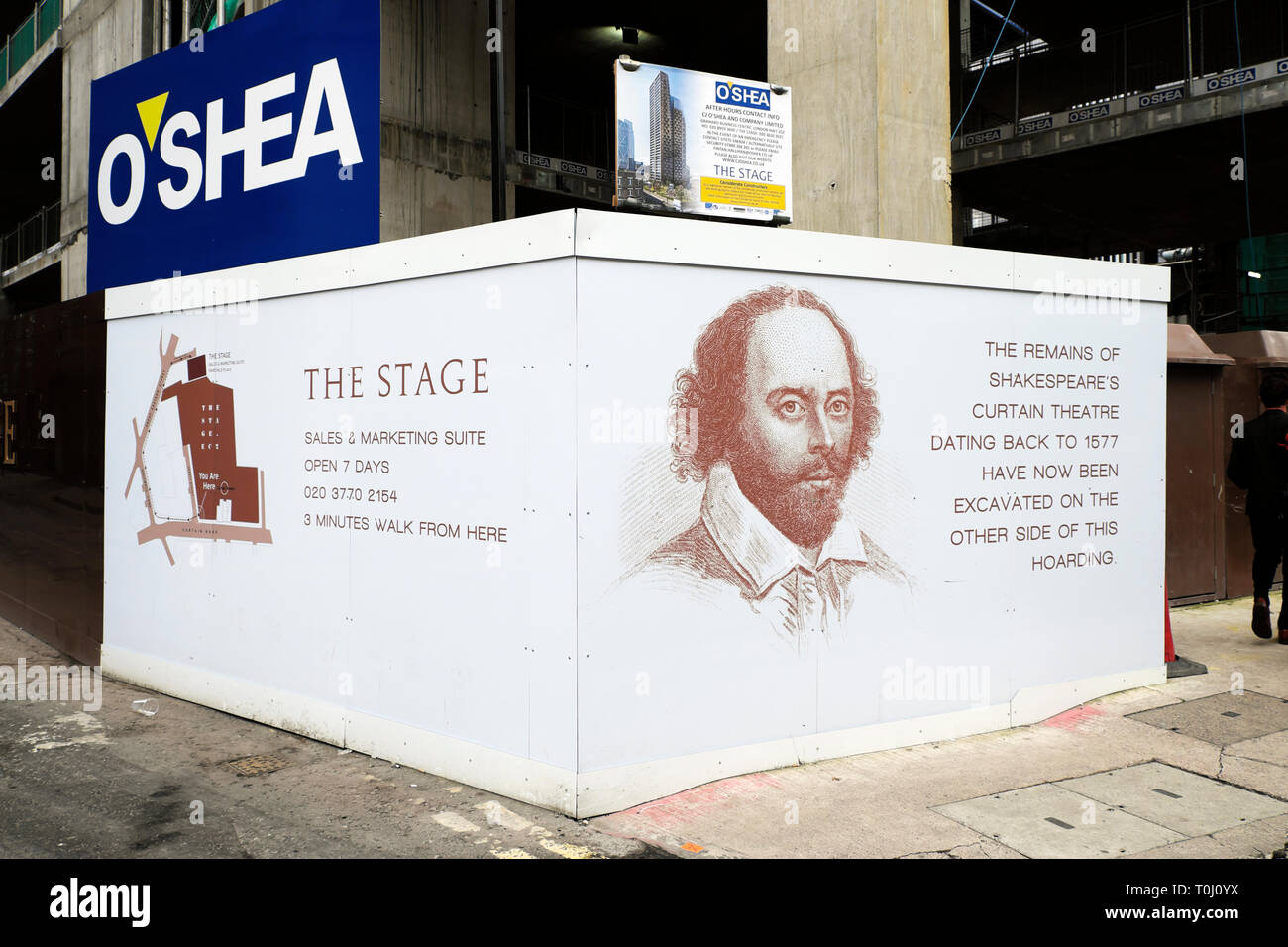 The Stage Shoreditch O'Shea construction hoarding sign on the site of ...