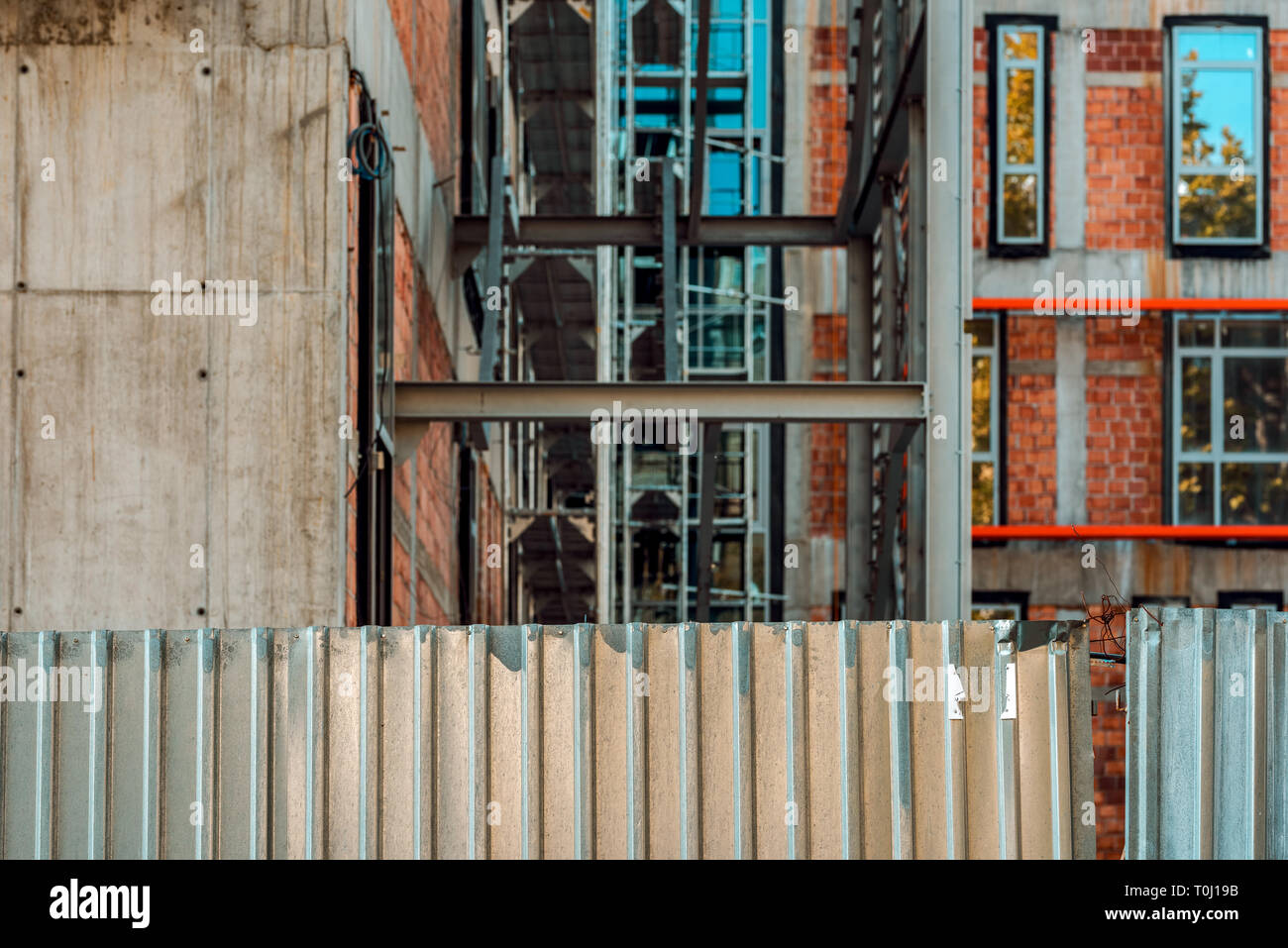 Corrugated metal fence on construction site, urban details and ...
