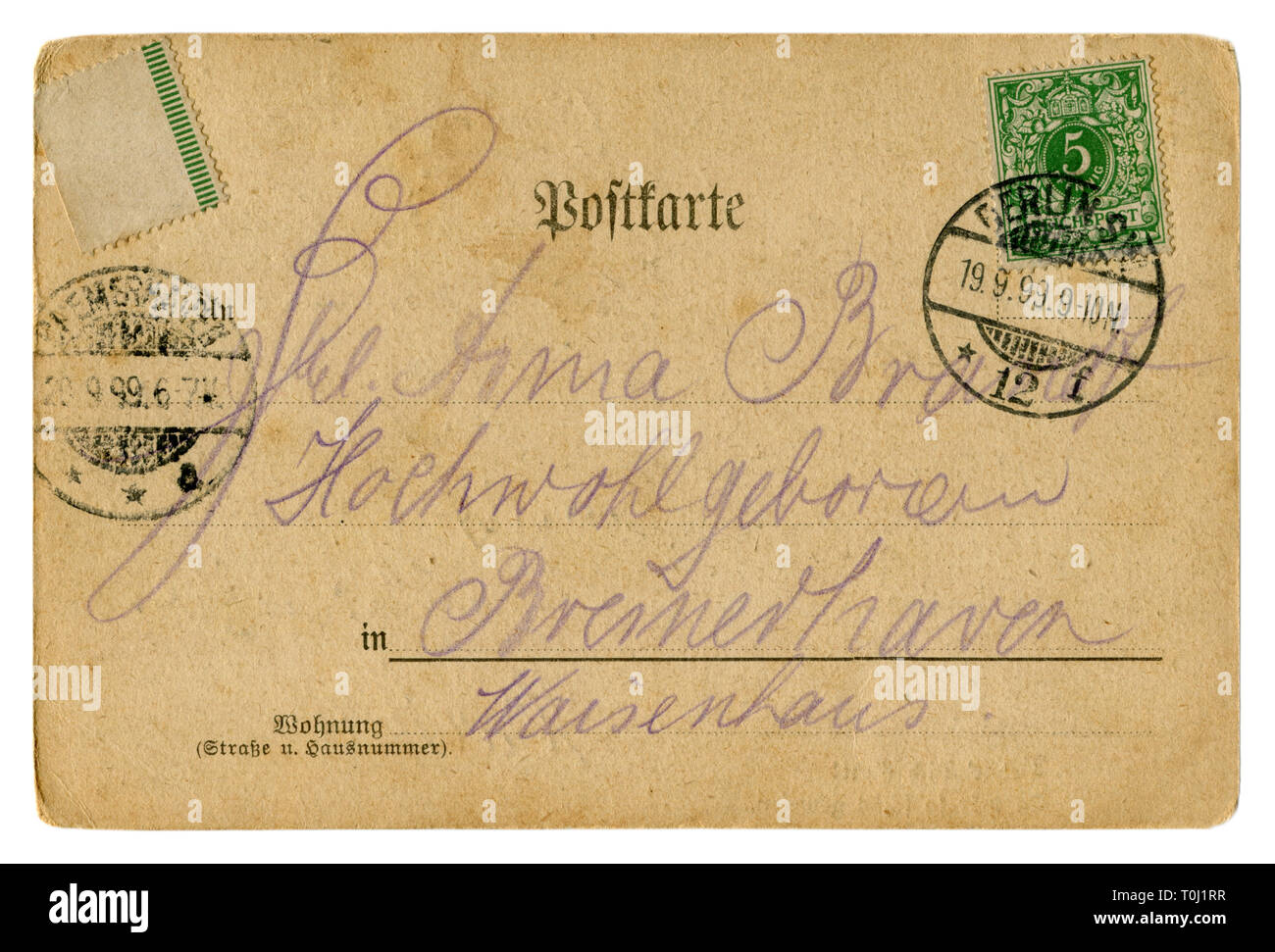 Back of historical German postcard: a letter with a green postage stamp ...