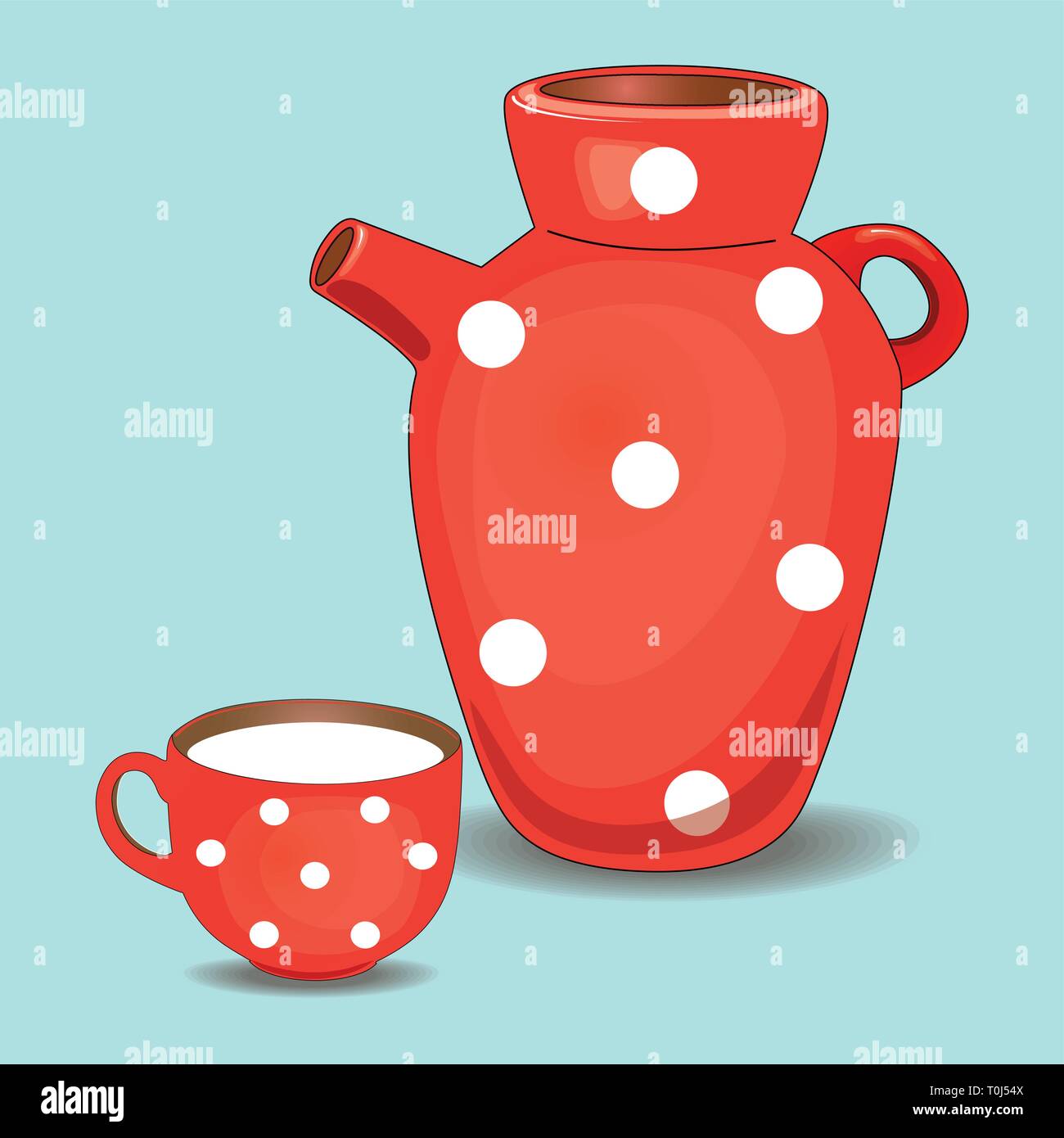 Flat drawing of a red jug. Red clay jug with white polka dots. A mug ...