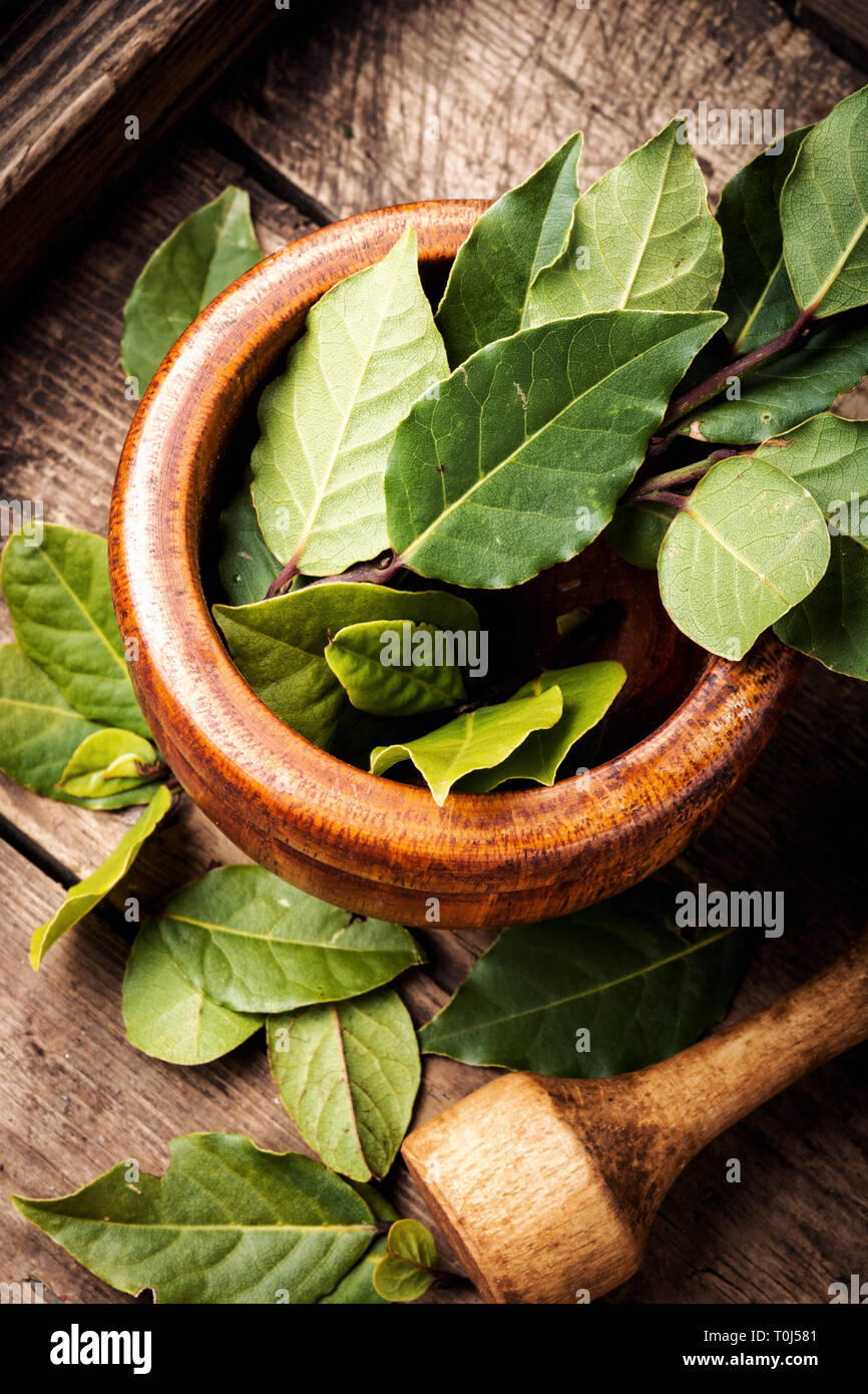 Bay leaves in bowl on rustic wooden background.Bay leaf is a popular ...