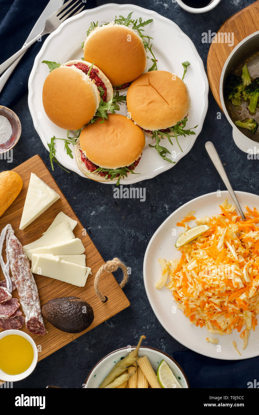 Summer party food concept top view various food on table flat lay Stock ...