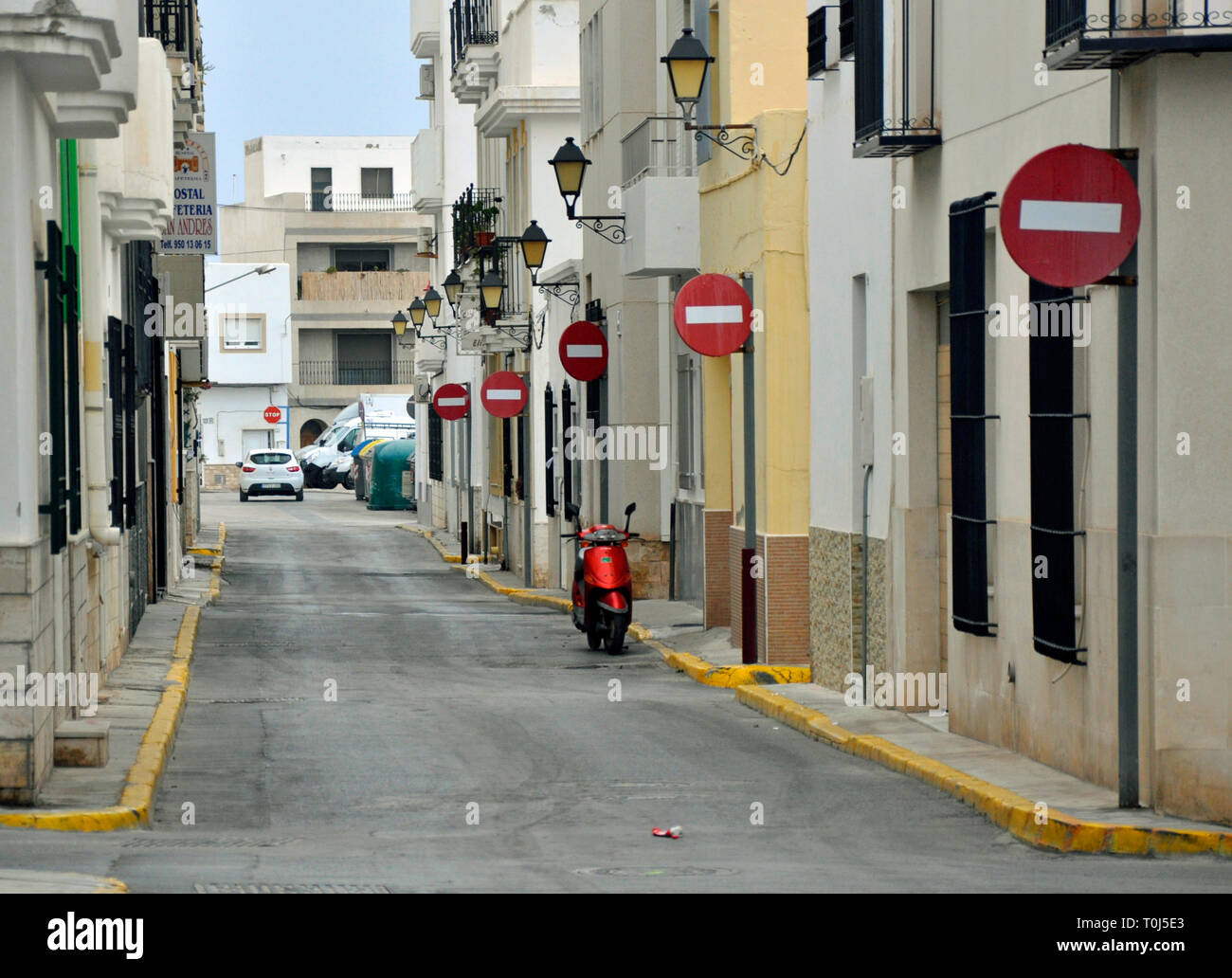 No Entry signs along street in Carboneras, Cabo de Gata Natural Park in ...