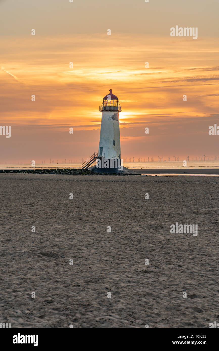 Sunset at the Point of Ayr Lighthouse near Talacre, Flintshire, Clwyd ...