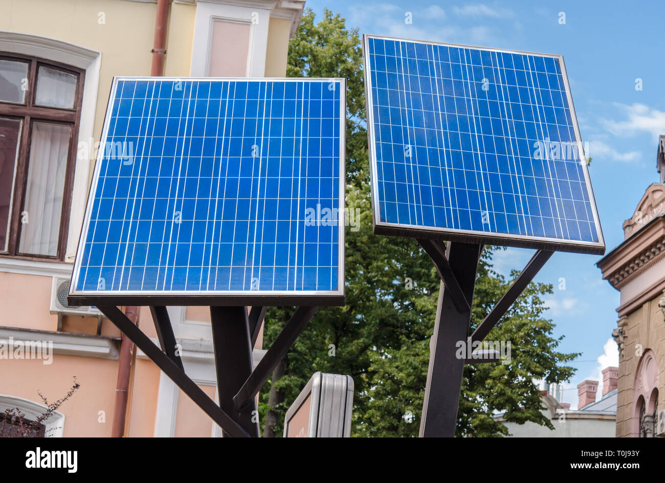 Environmentally friendly photovoltaic solar panels on a background of ...