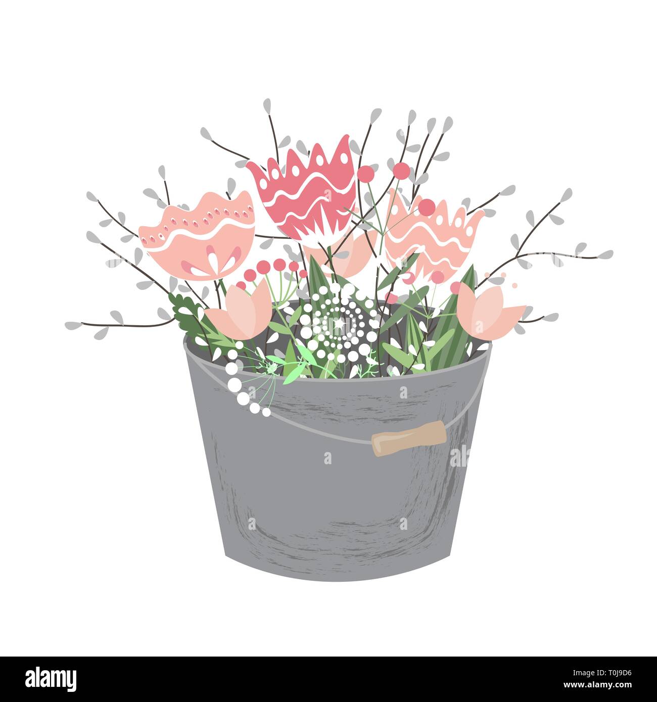 Bouquet of spring flowers in bucket isolated on white background ...