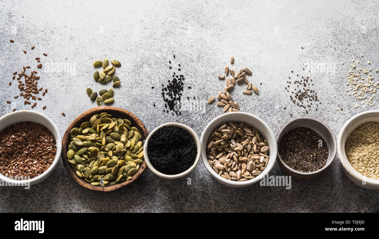 Various seeds - sesame, flax seed, sunflower seeds, pumpkin seed, poppy ...