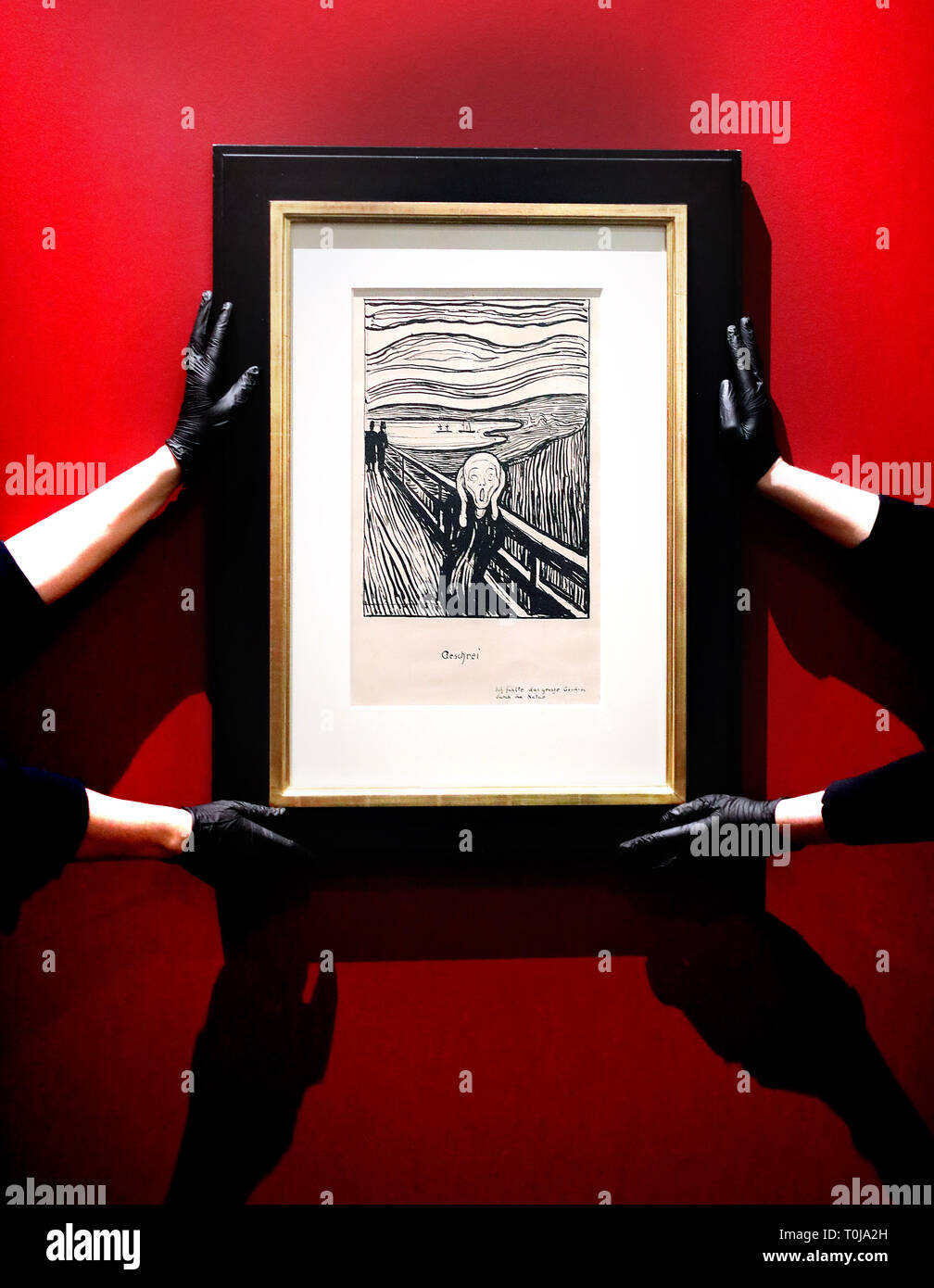 Pic shows: Hanging of The Scream by Edvard Munch from Norway. Created in 1895 Black and White ...