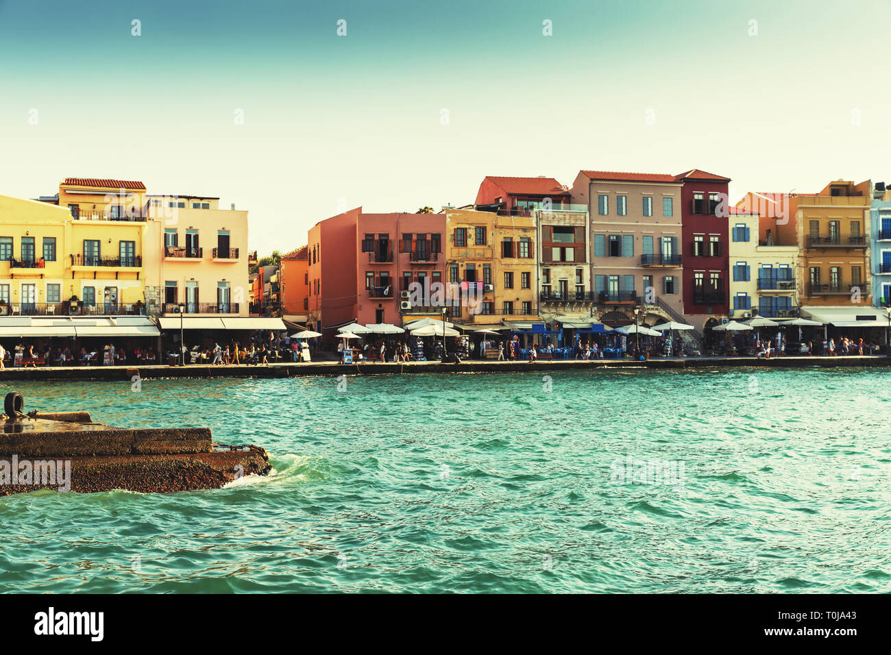 Colorful promenade and old port of Chania city on the island of Crete ...