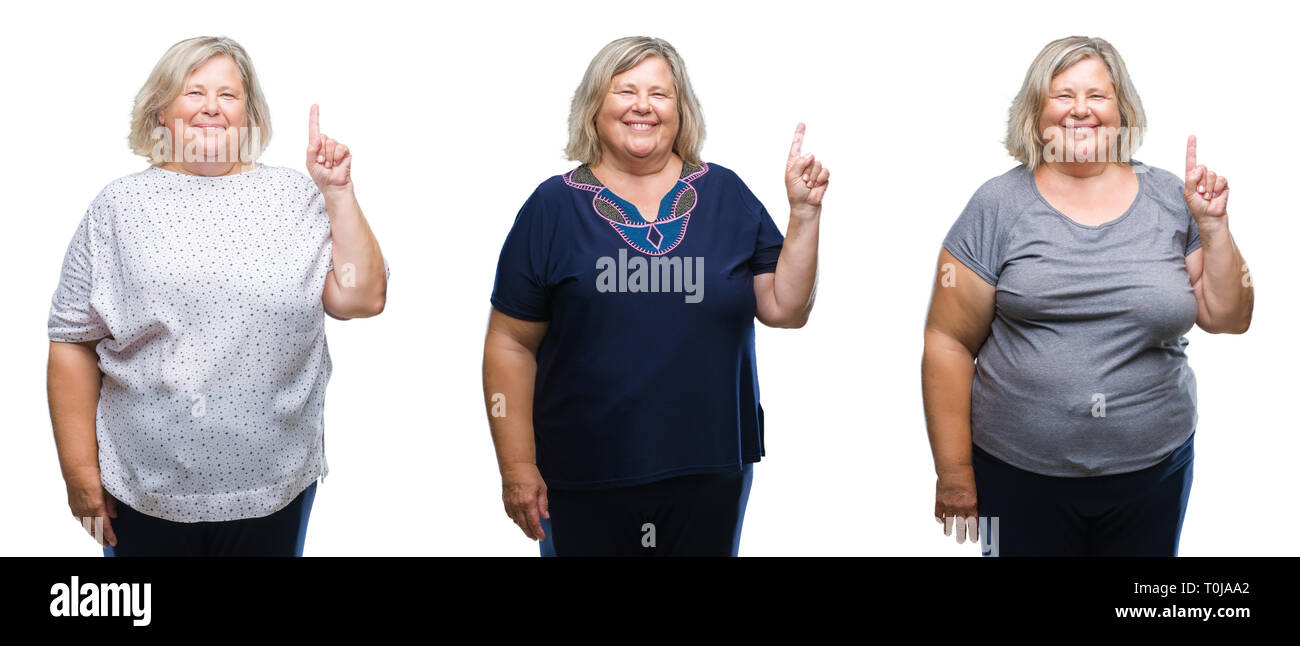 Collage of senior fat woman over isolated background showing and ...