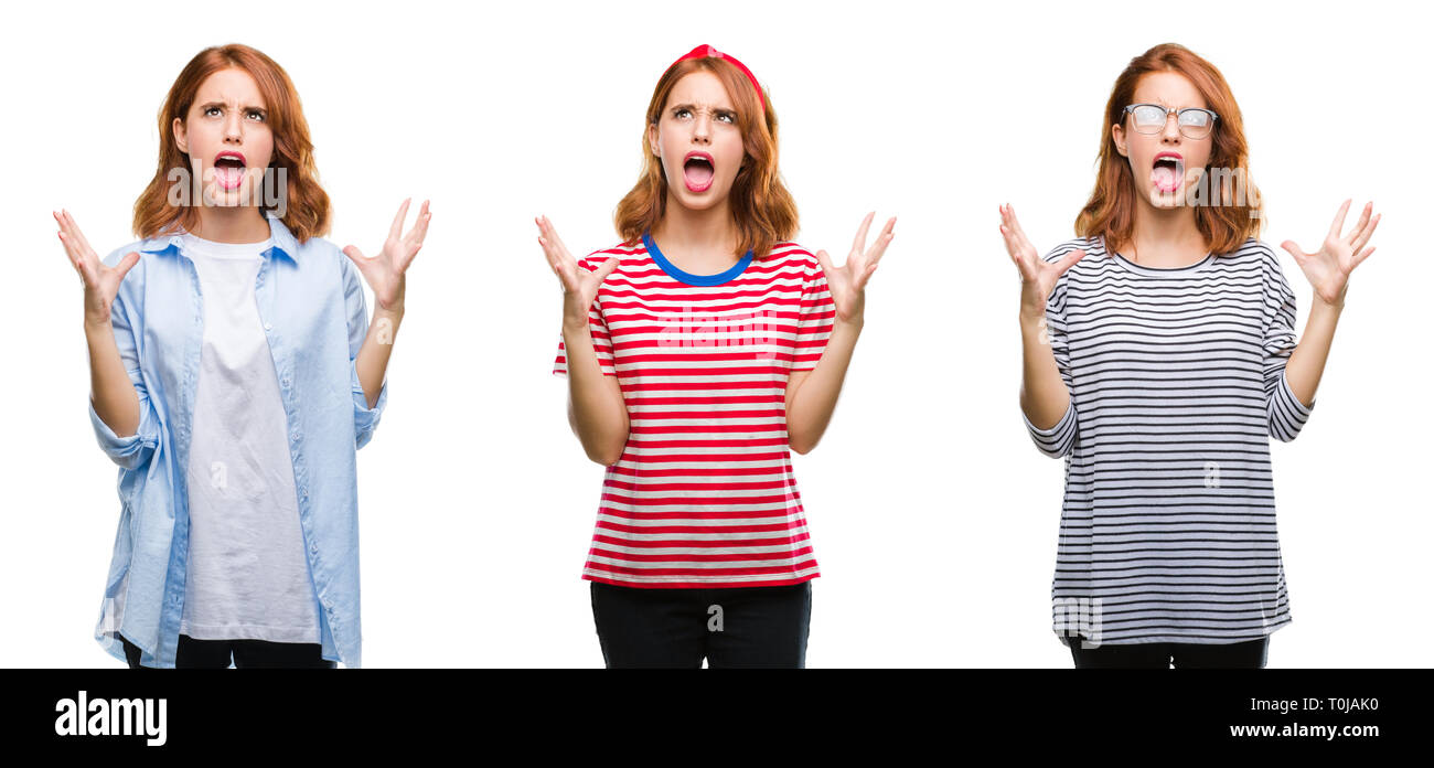 Collage of young beautiful redhead woman over isolated background crazy ...