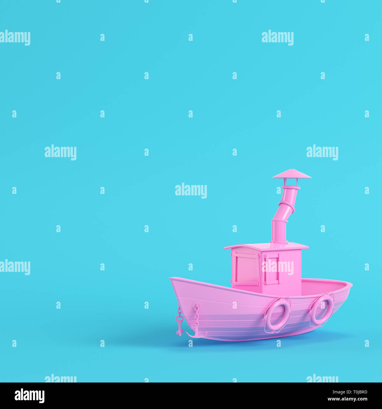 Pink fishing boat on bright blue background in pastel colors ...