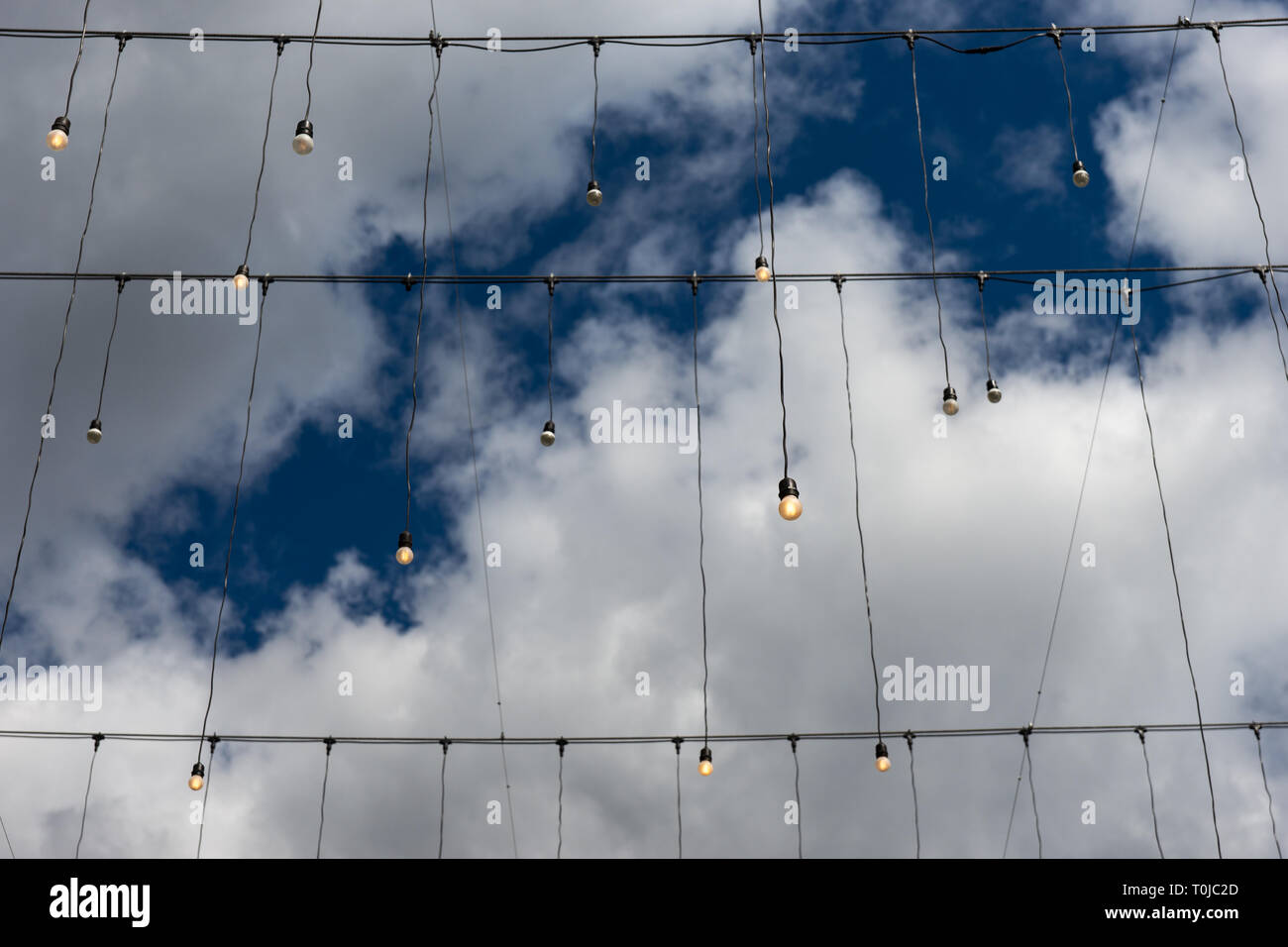 Illuminated electric bulbs hang from black wires against the background ...