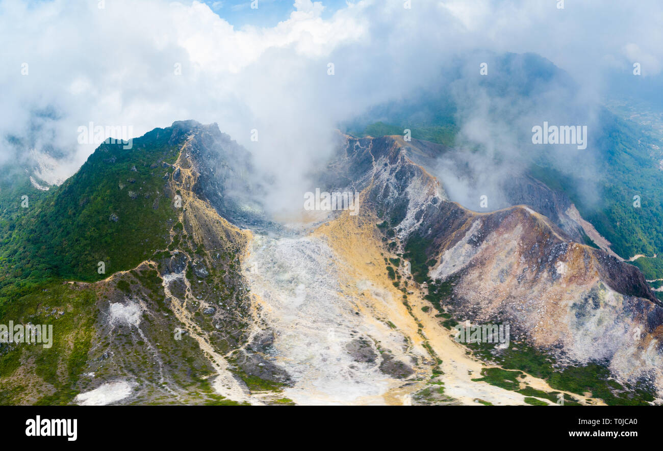 Aerial view Sibayak volcano, active caldera steaming, travel ...