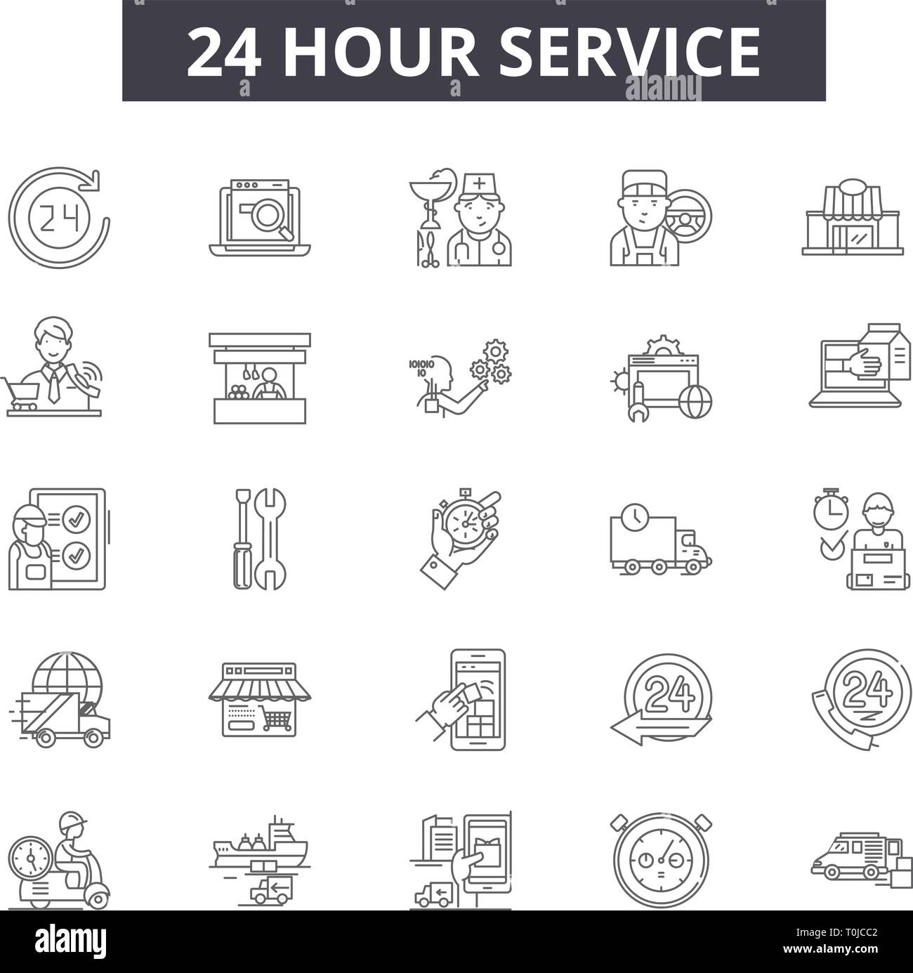 24 hour services line icons. Editable stroke signs. Concept icons ...