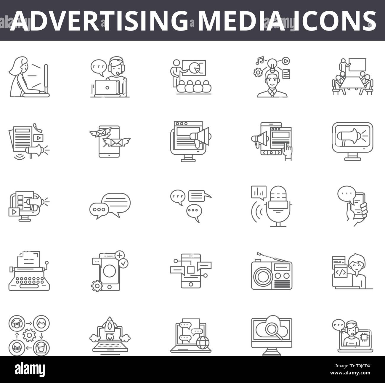 Advertising media line icons. Editable stroke signs. Concept icons ...