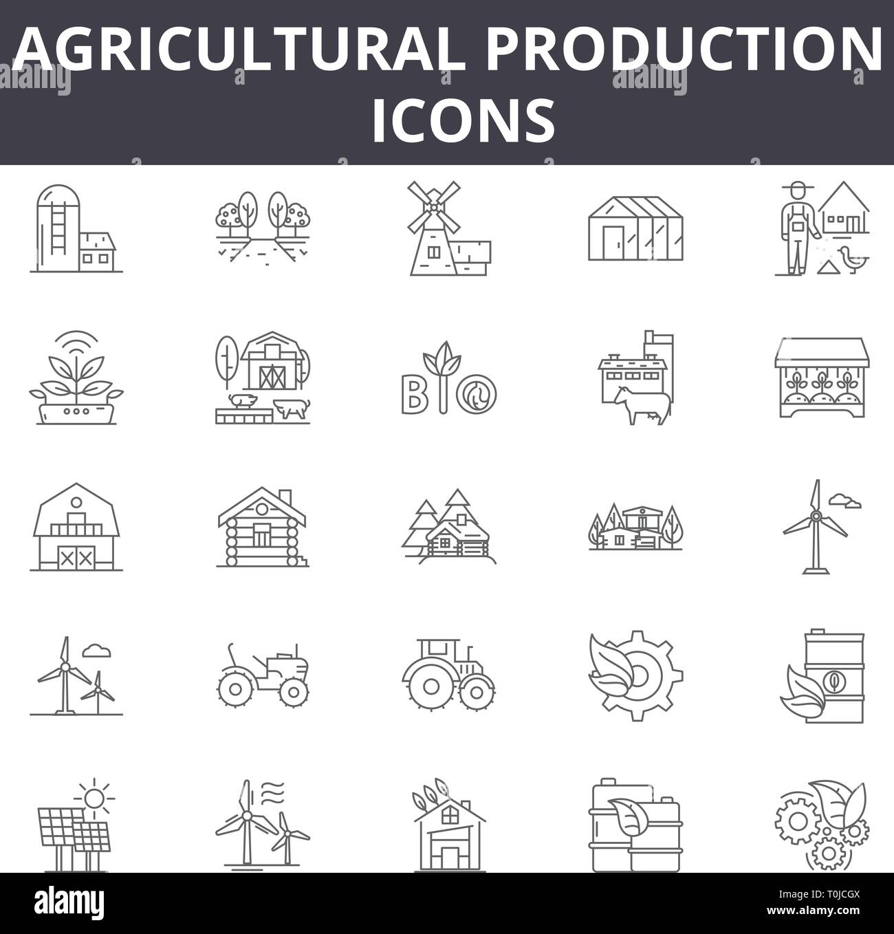 Agricultural production line icons. Editable stroke signs. Concept ...