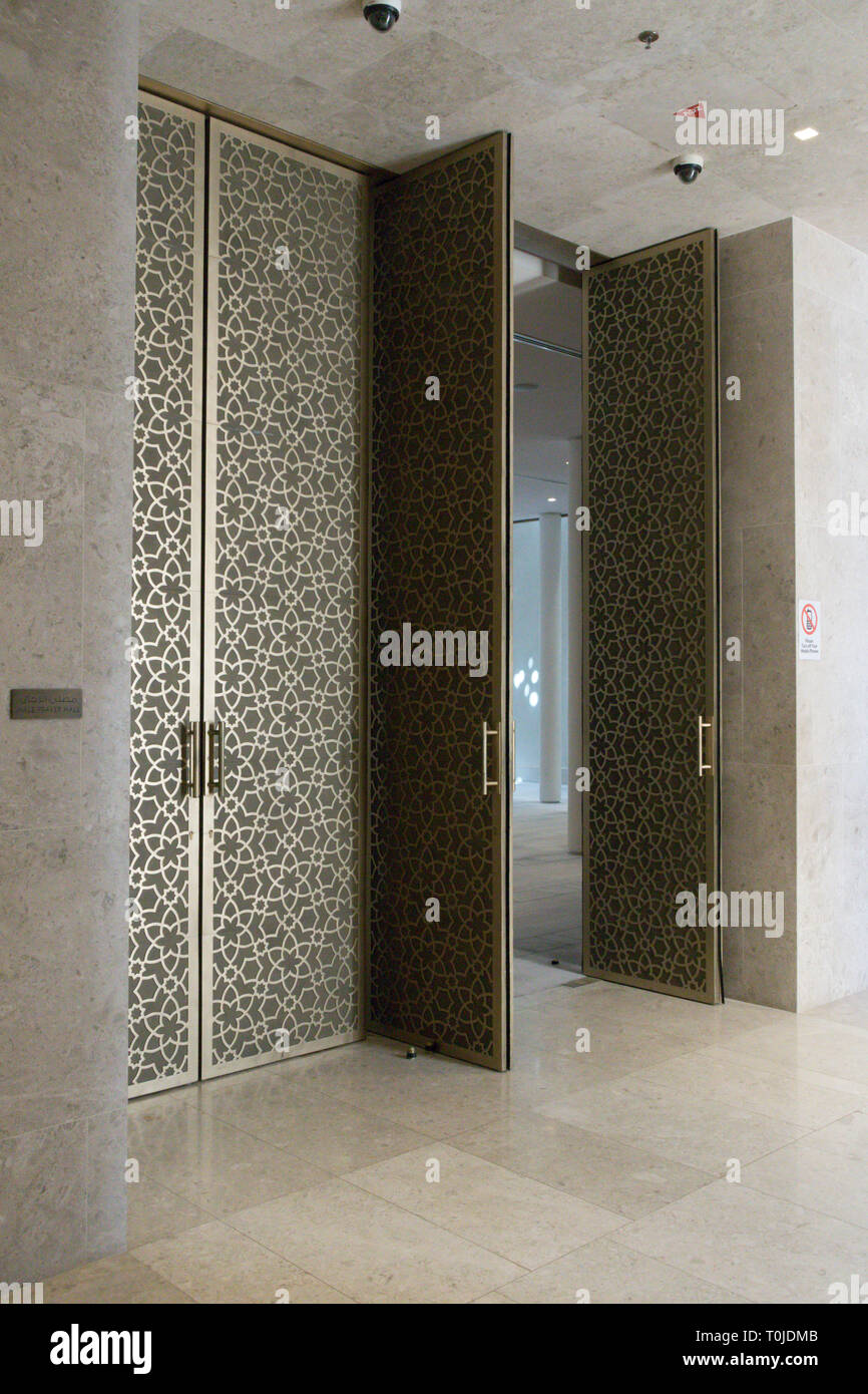 metal doors, entrance to prayer hall, Msheireb Jumaa Mosque, Doha ...