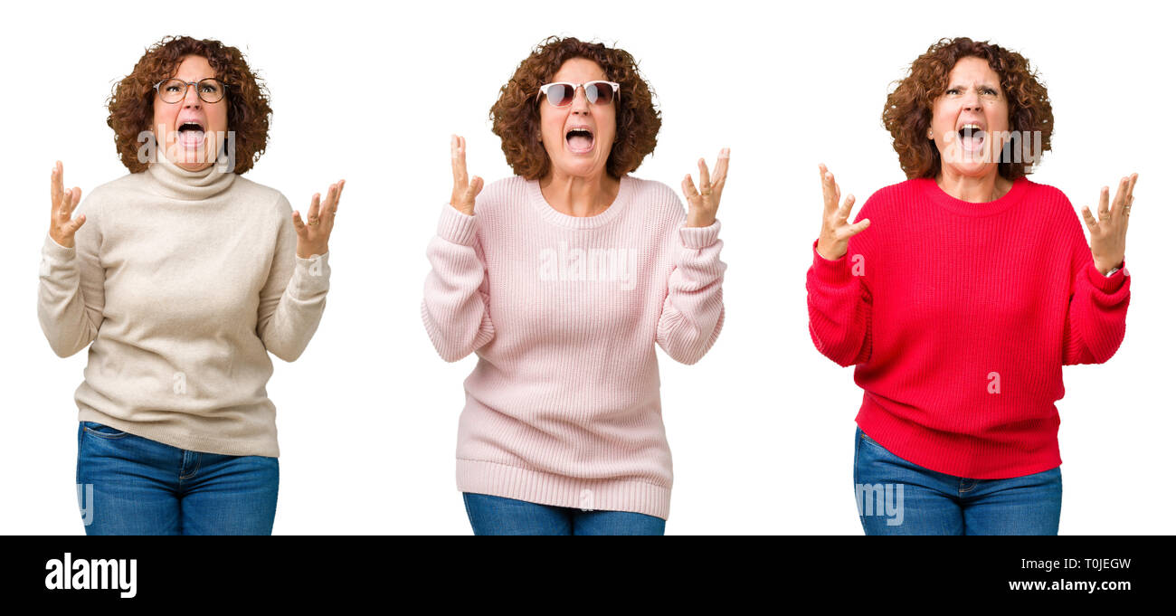 Collage of middle age senior woman wearing winter sweater over white ...