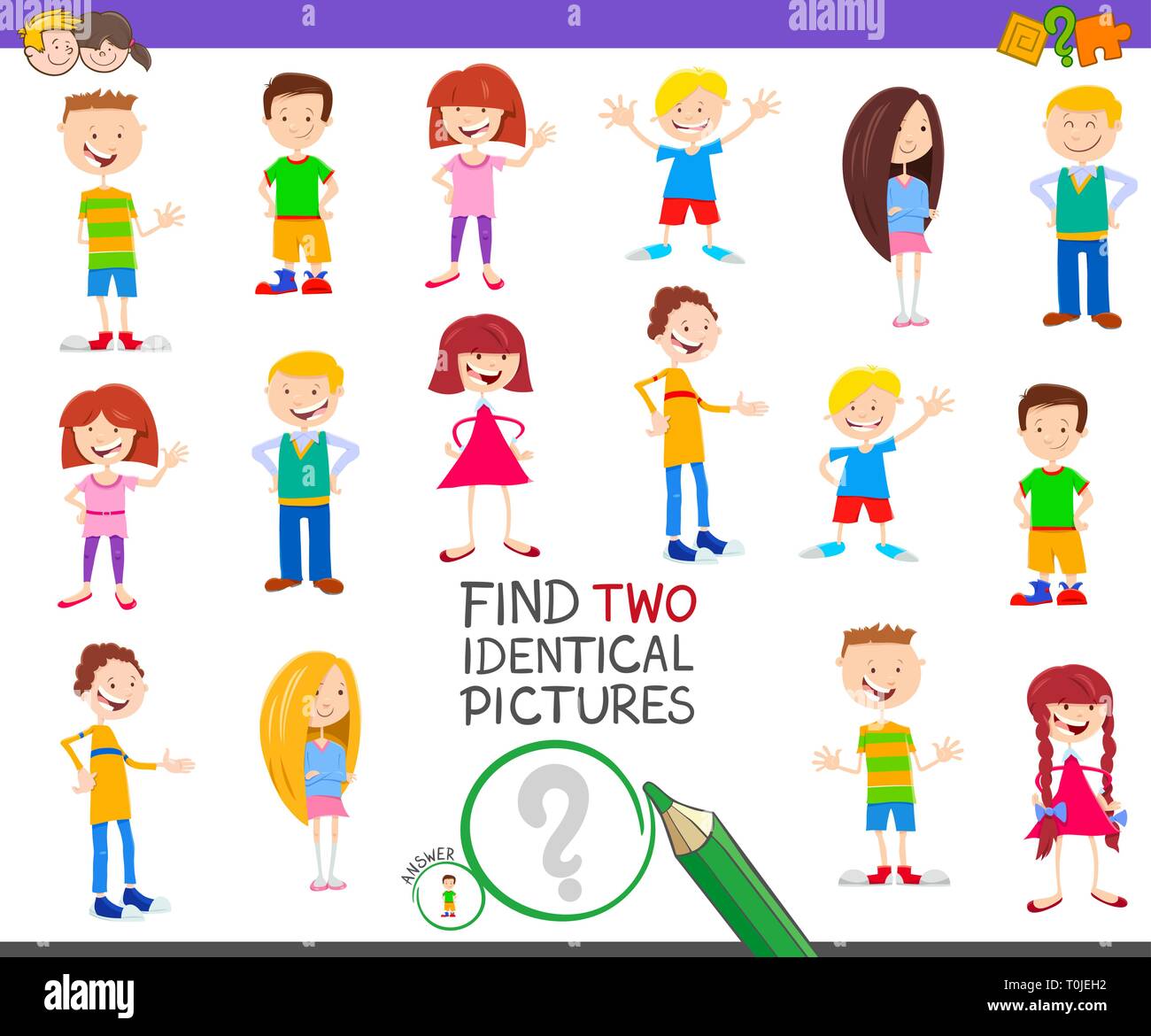 Cartoon Illustration of Finding Two Identical Pictures Educational Task ...