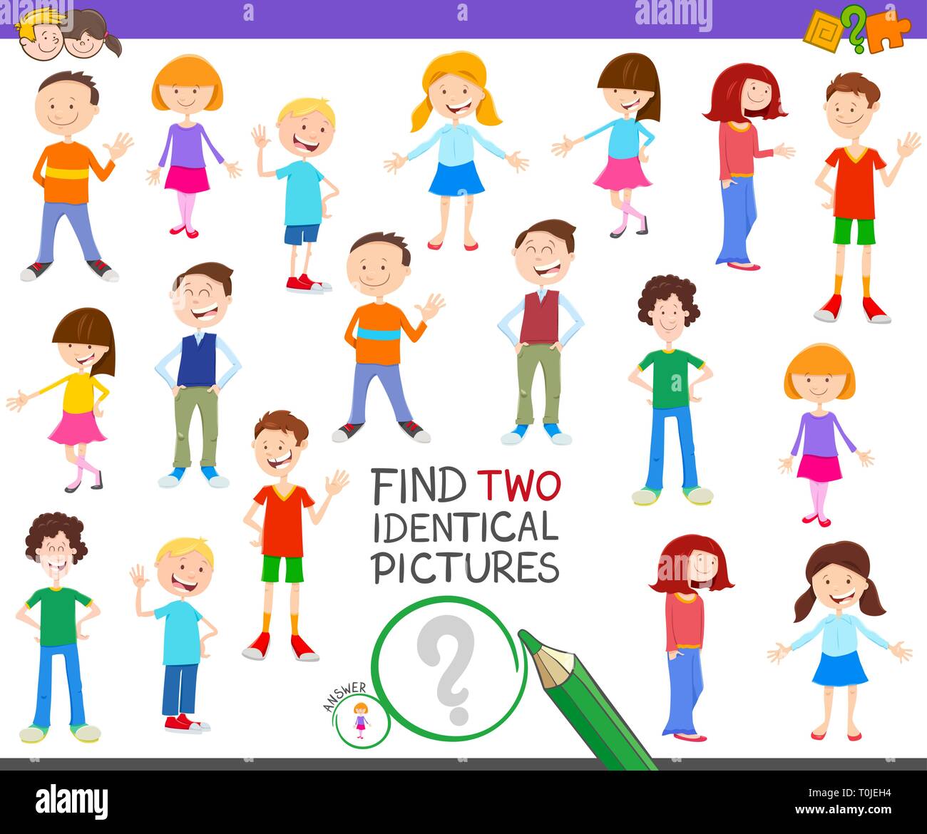 Cartoon Illustration of Finding Two Identical Pictures Educational Game ...