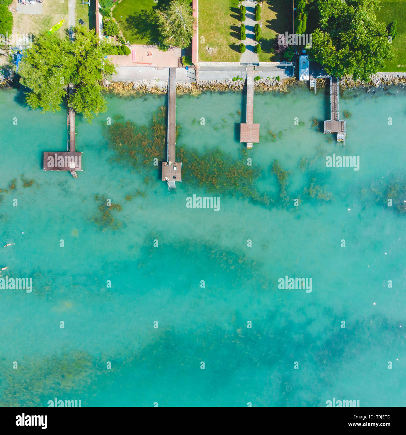 aerial view of the shore with building. back yards with piers. overhead ...