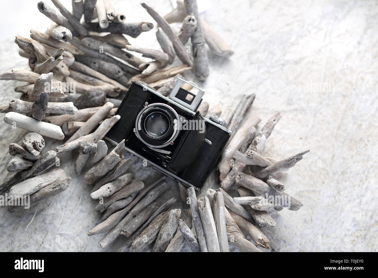 Old camera collector equipment, composition on a retro decoration ...