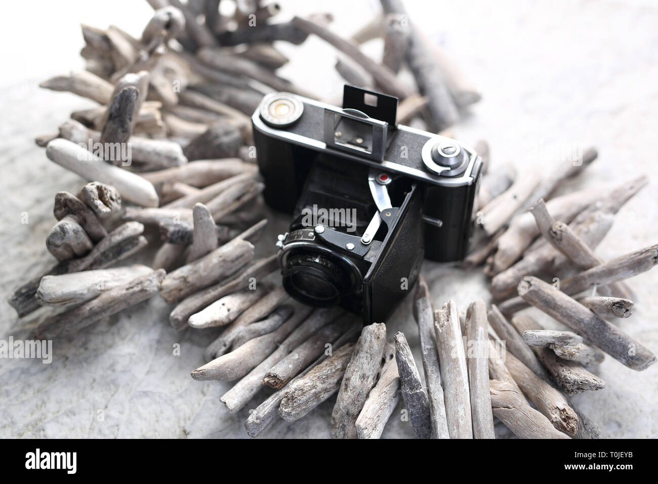 Old camera collector equipment, composition on a retro decoration ...