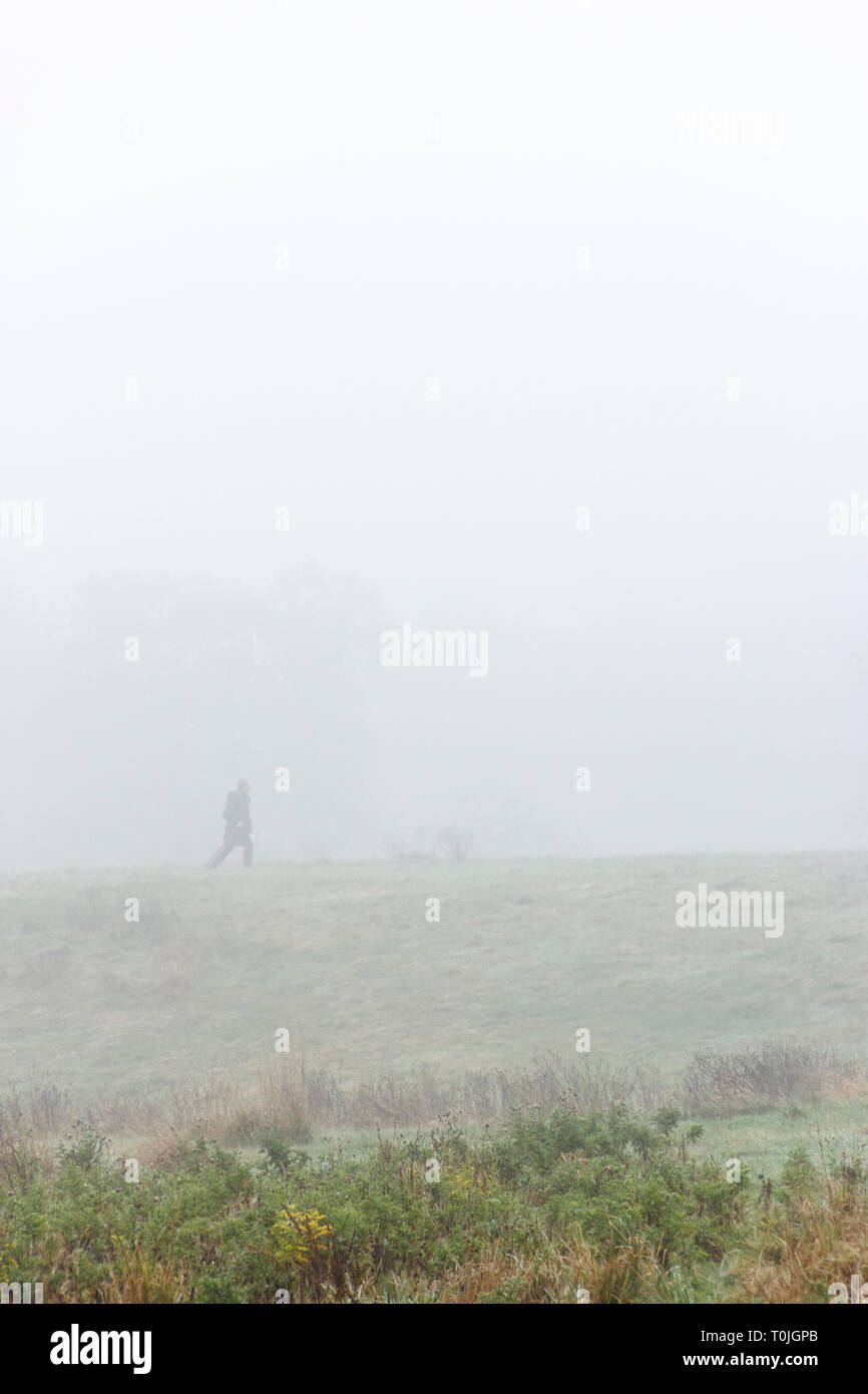 One person walking through a meadow, barely seen through the mist Stock ...