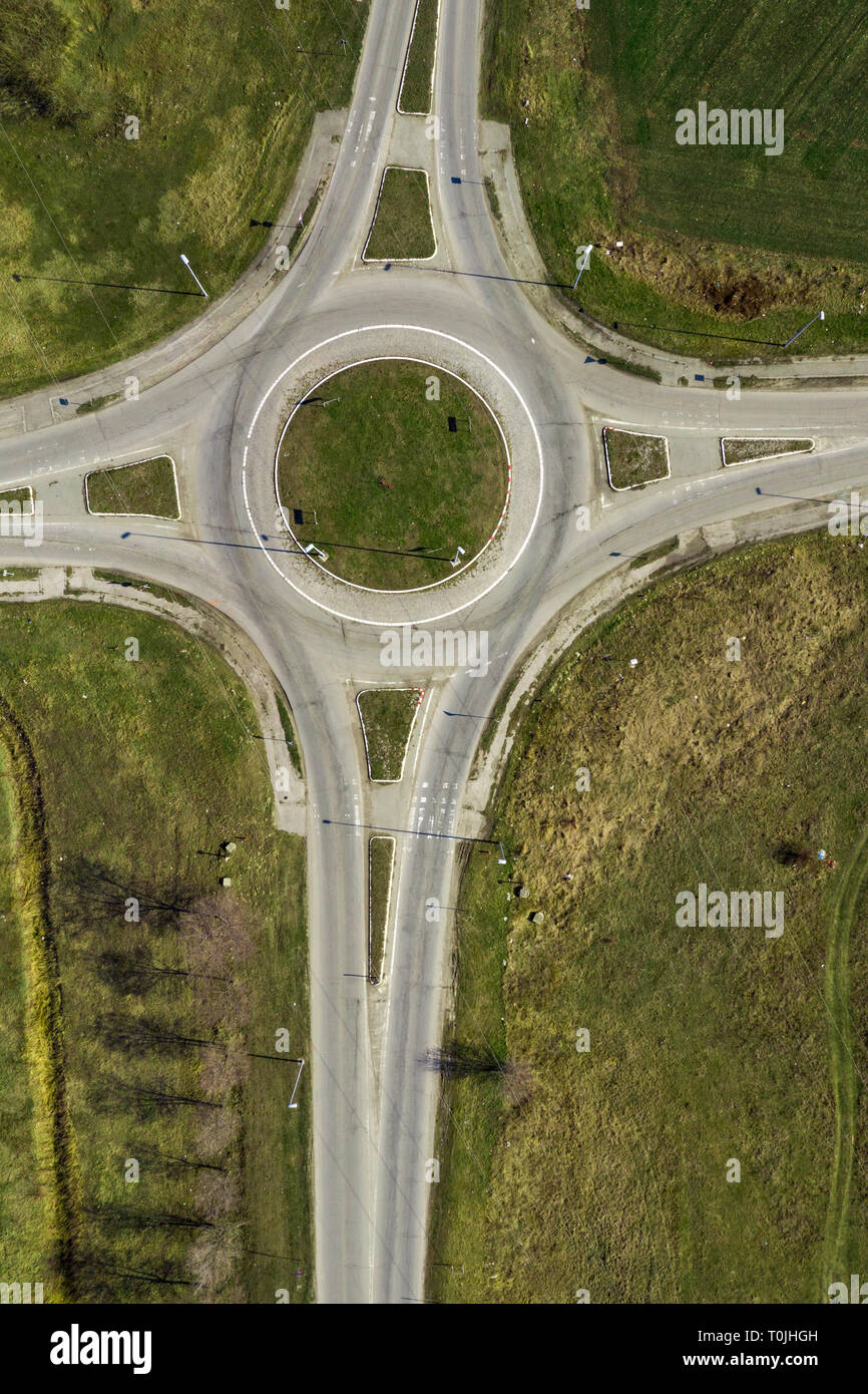 Aerial view of empty traffic circle roundabout road junction, top view ...