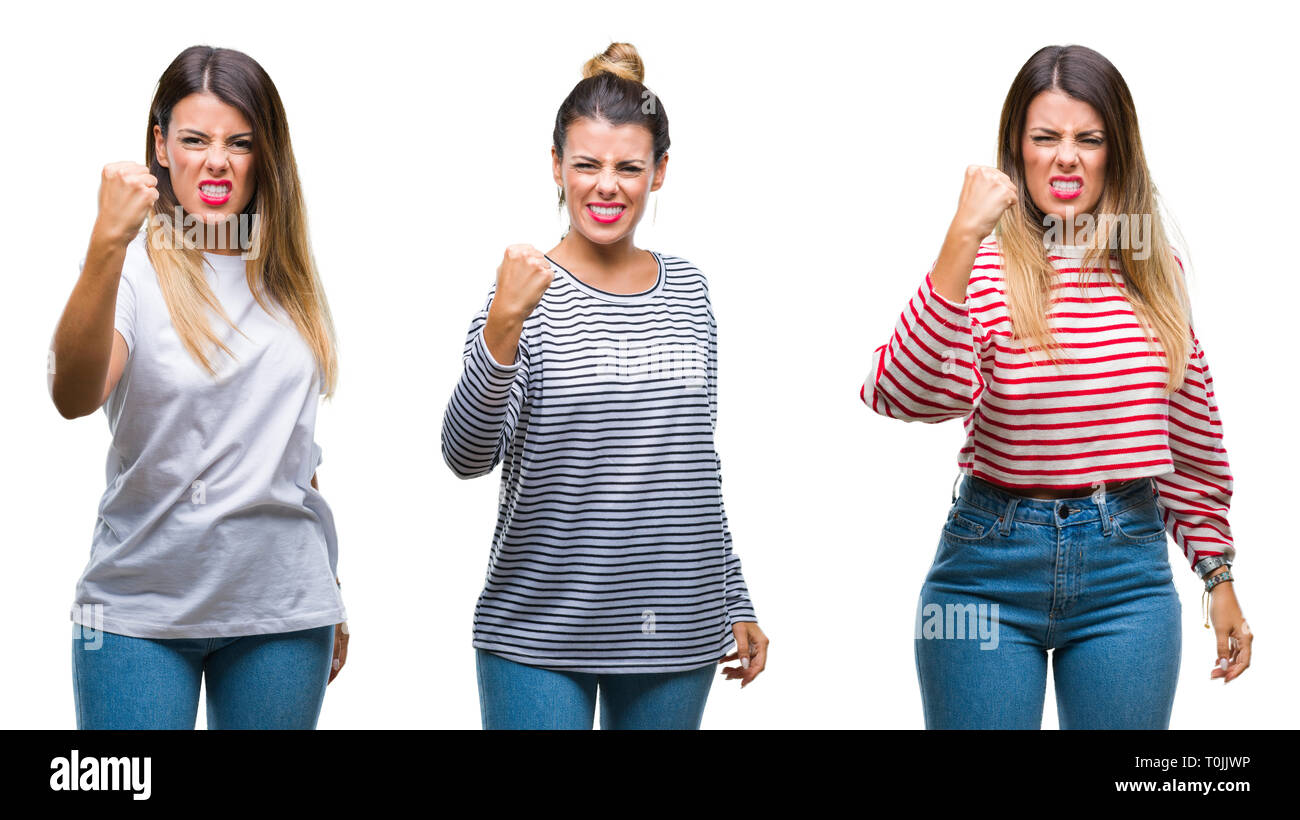 Collage of young beautiful woman over isolated background angry and mad ...