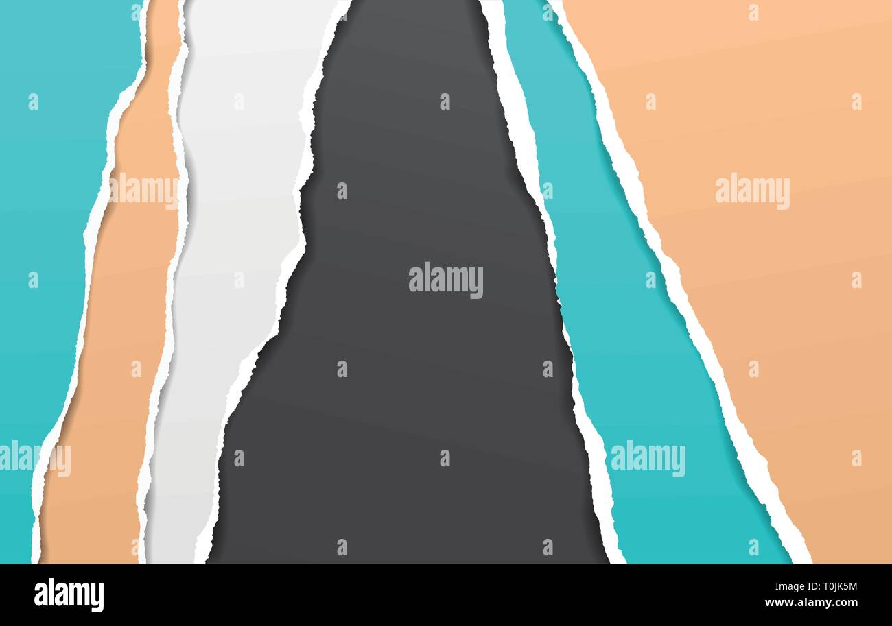 Colorful torn vertical paper strips are on black background. Vector ...