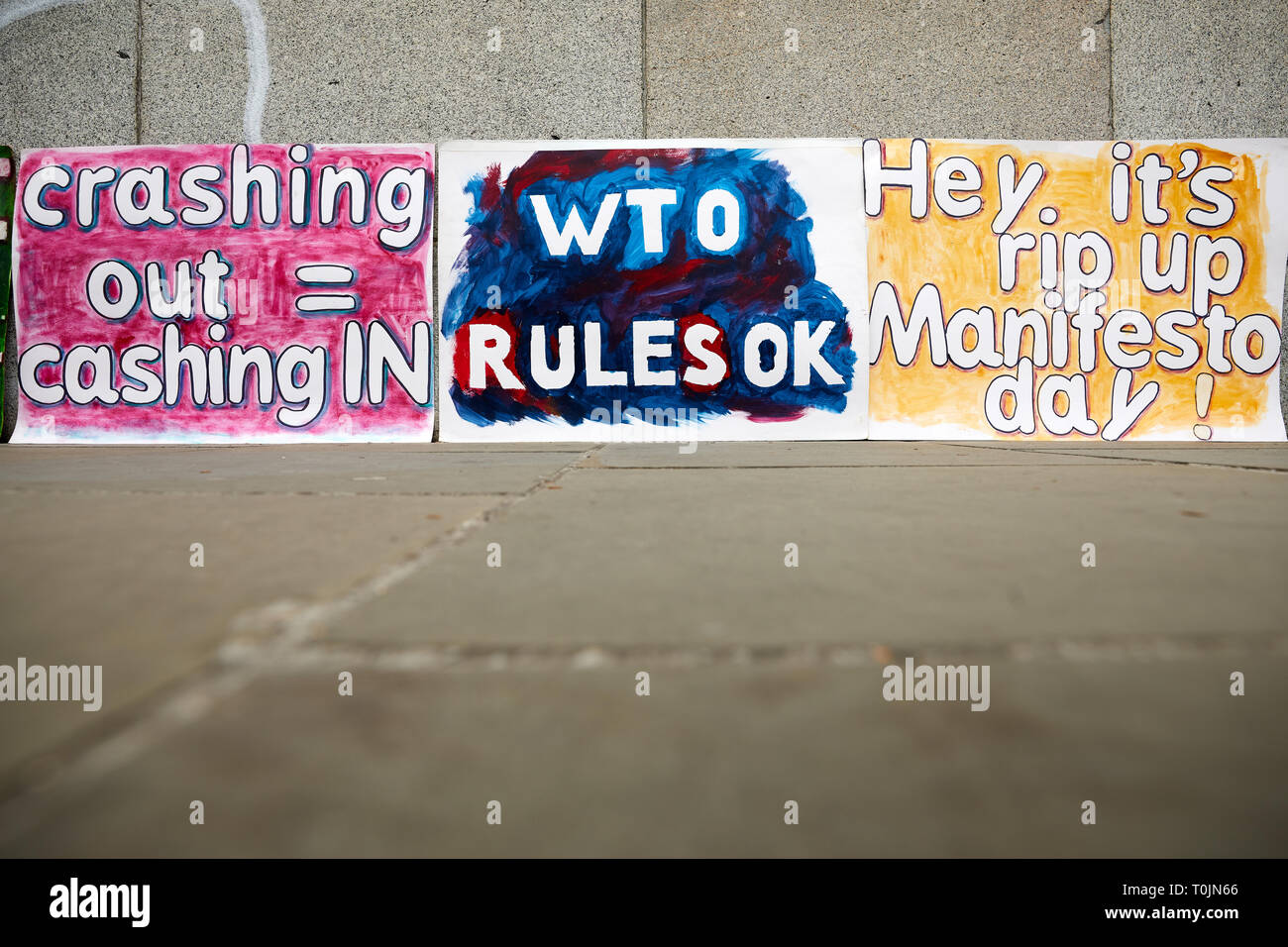 London, UK. - March 20, 2019: Placards placed outside Parliament ahead ...
