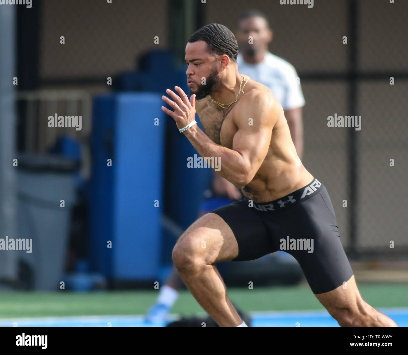 March 19, 2019.UCLA Bruins defensive back Nate Meadors (22) take off ...