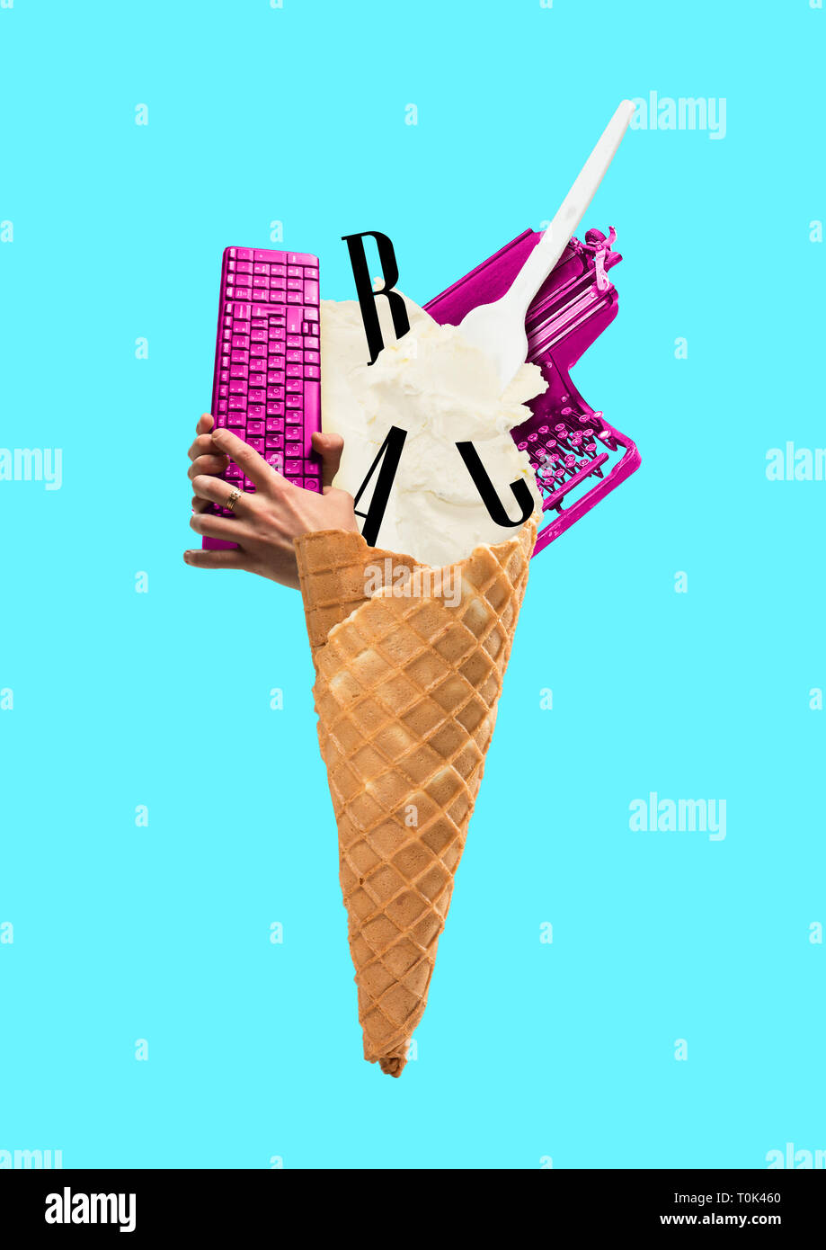 A copywriting concept. Ice cream cone filled with letters, typewriter ...