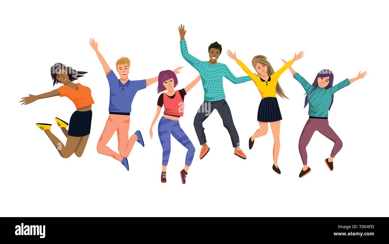 A large team group of happy jumping people characters. Vector ...