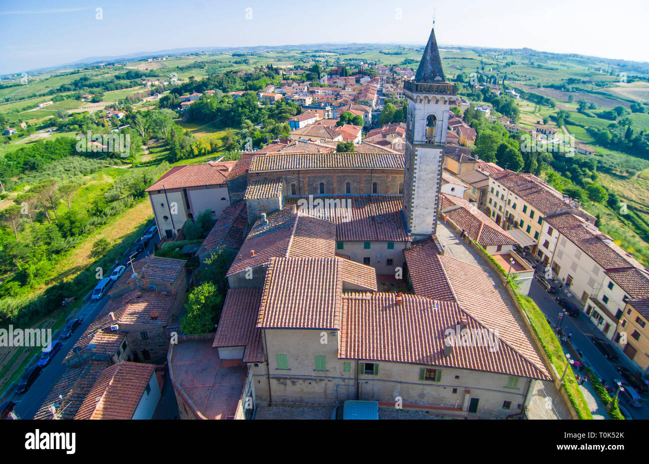 historic church with a beautiful bell tower viewed from above with a ...