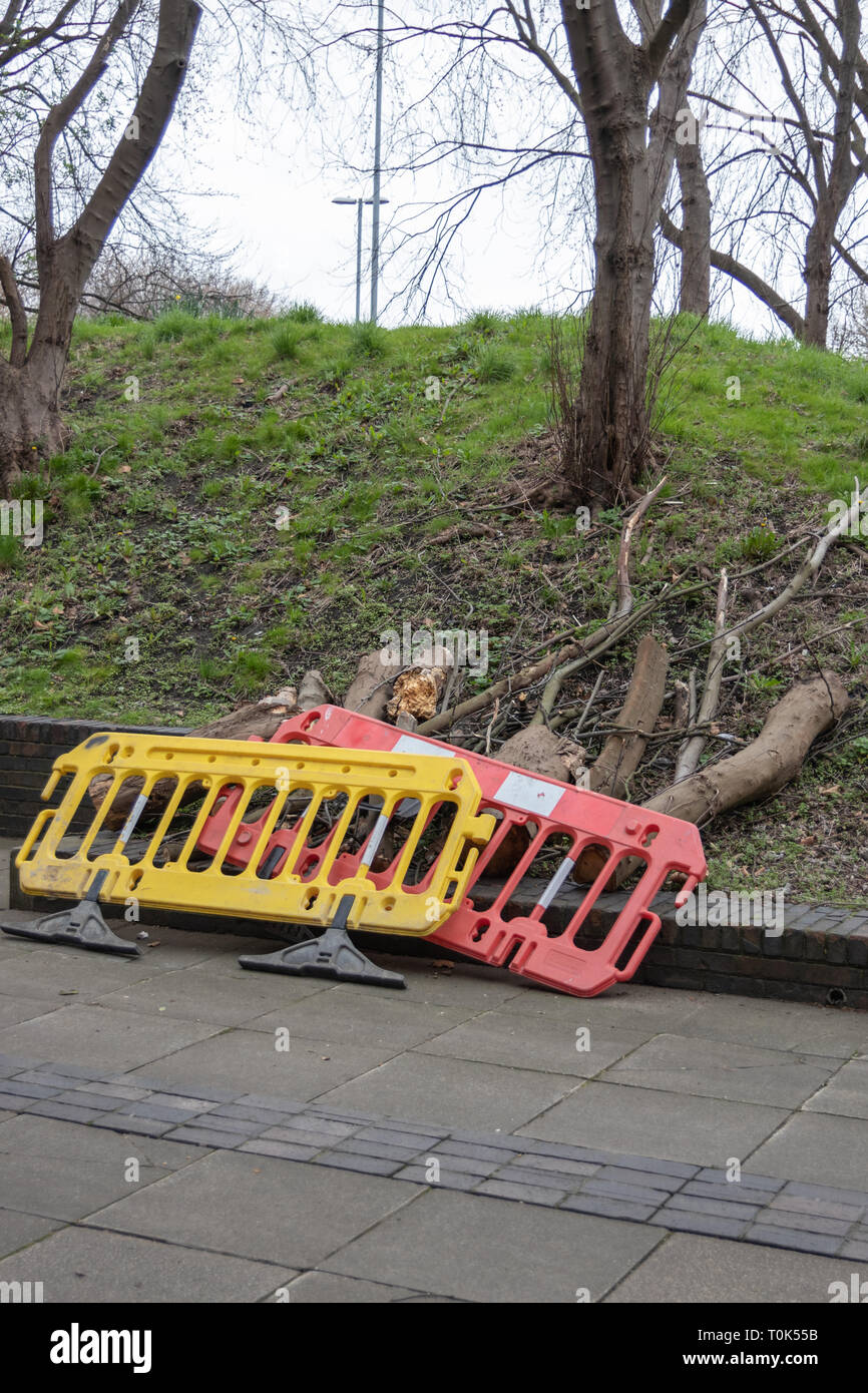 Barriers warning of fallen trees Stock Photo - Alamy
