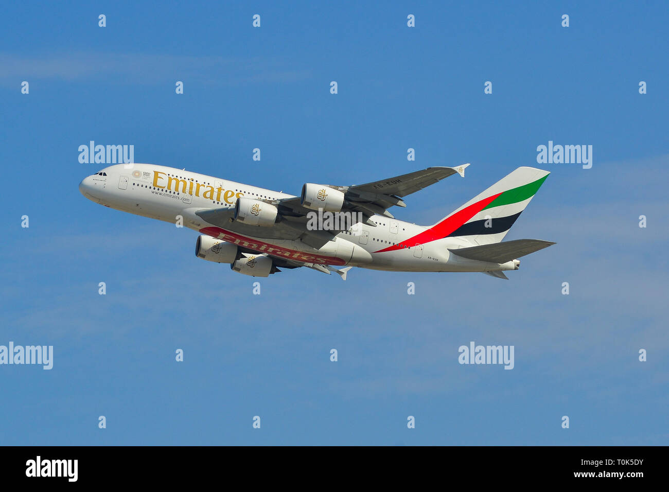 Dubai, UAE - Dec 9, 2018. An Airbus A380 airplane of Emirates taking ...
