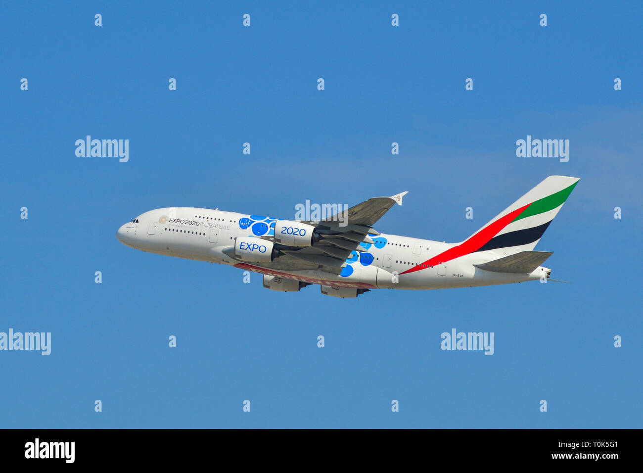 Dubai, UAE - Dec 9, 2018. An Airbus A380 airplane of Emirates taking ...