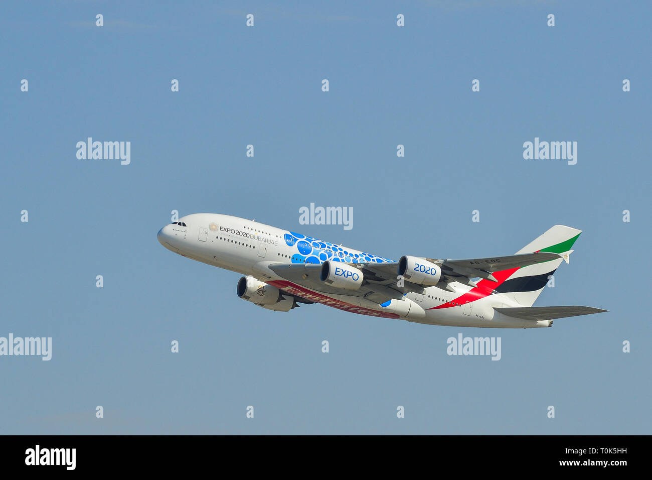 Dubai, UAE - Dec 9, 2018. An Airbus A380 airplane of Emirates taking ...