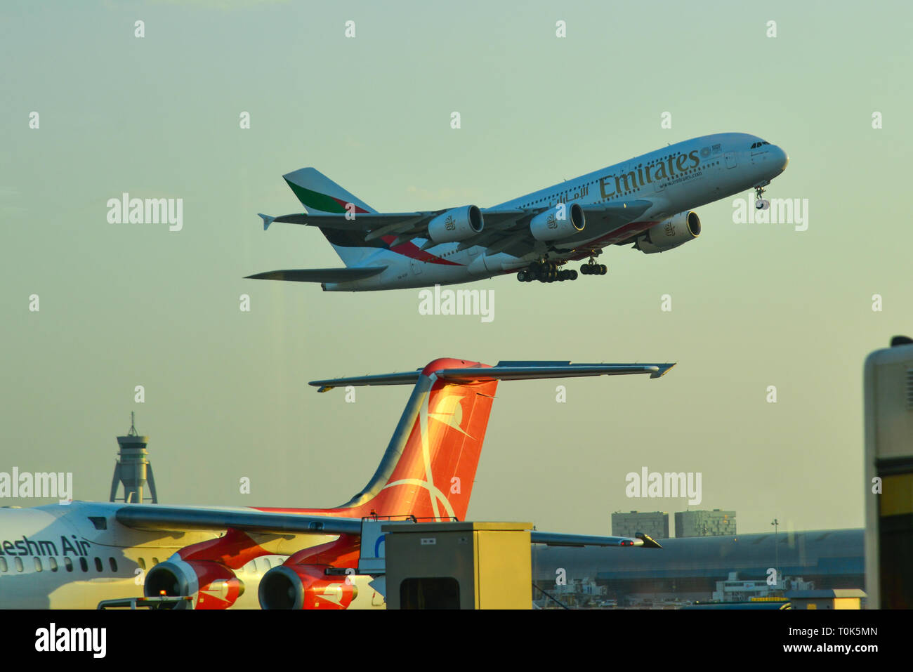 Dubai, UAE - Dec 9, 2018. An Airbus A380 airplane of Emirates taking ...