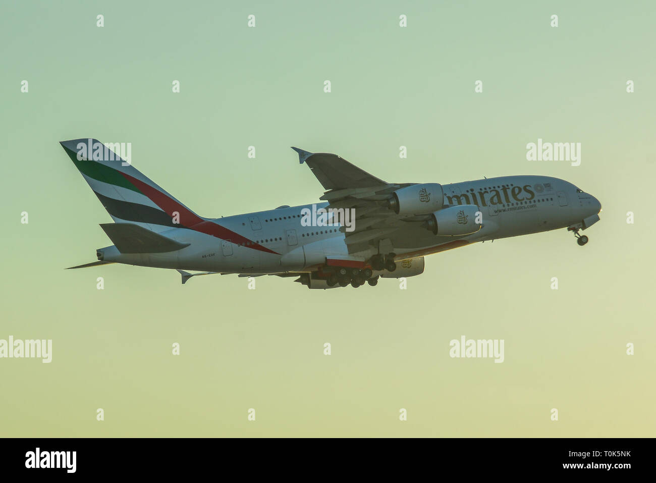 Dubai, UAE - Dec 9, 2018. An Airbus A380 airplane of Emirates taking ...