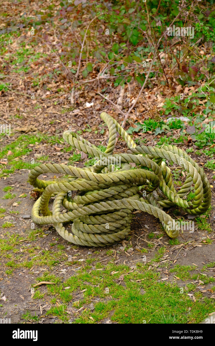 Sturdy rope coiled with green grass staining Stock Photo - Alamy