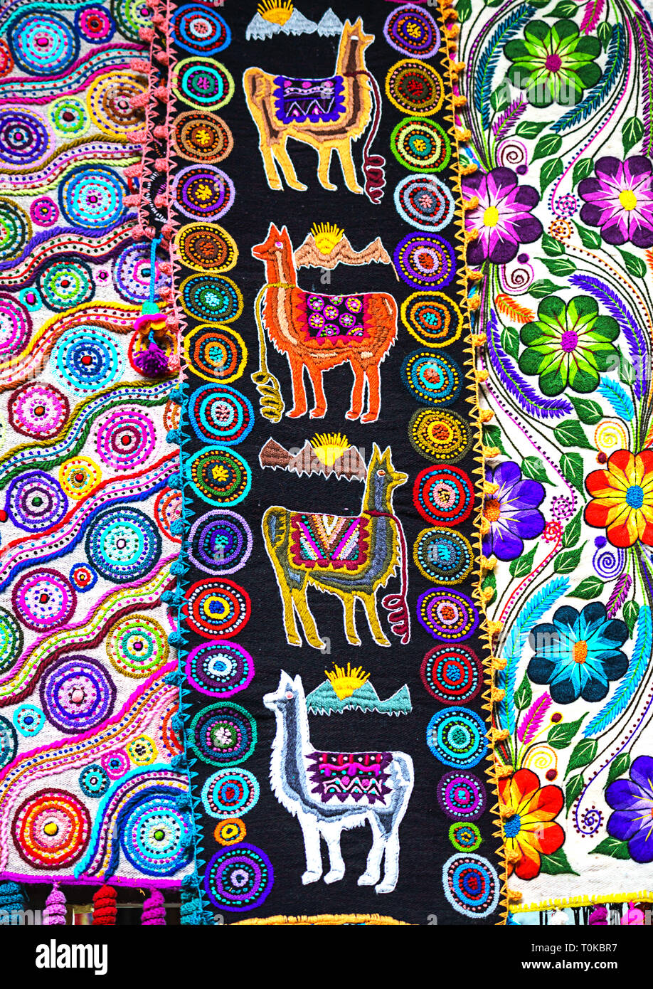 Peruvian traditional colourful native handicraft textile fabric with ...