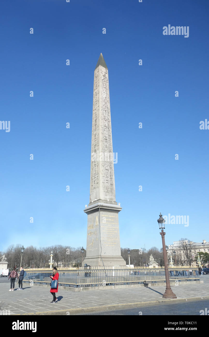 PARIS-FRANCE-FEB 25, 2019:The Luxor Obelisk is a 23 metres high Ancient ...