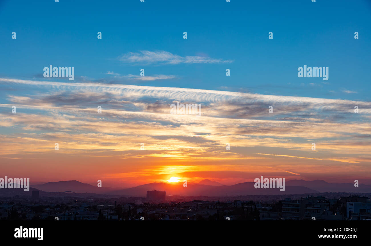 Sunset view from Penteli area, Athens, Greece. Sun falling over ...