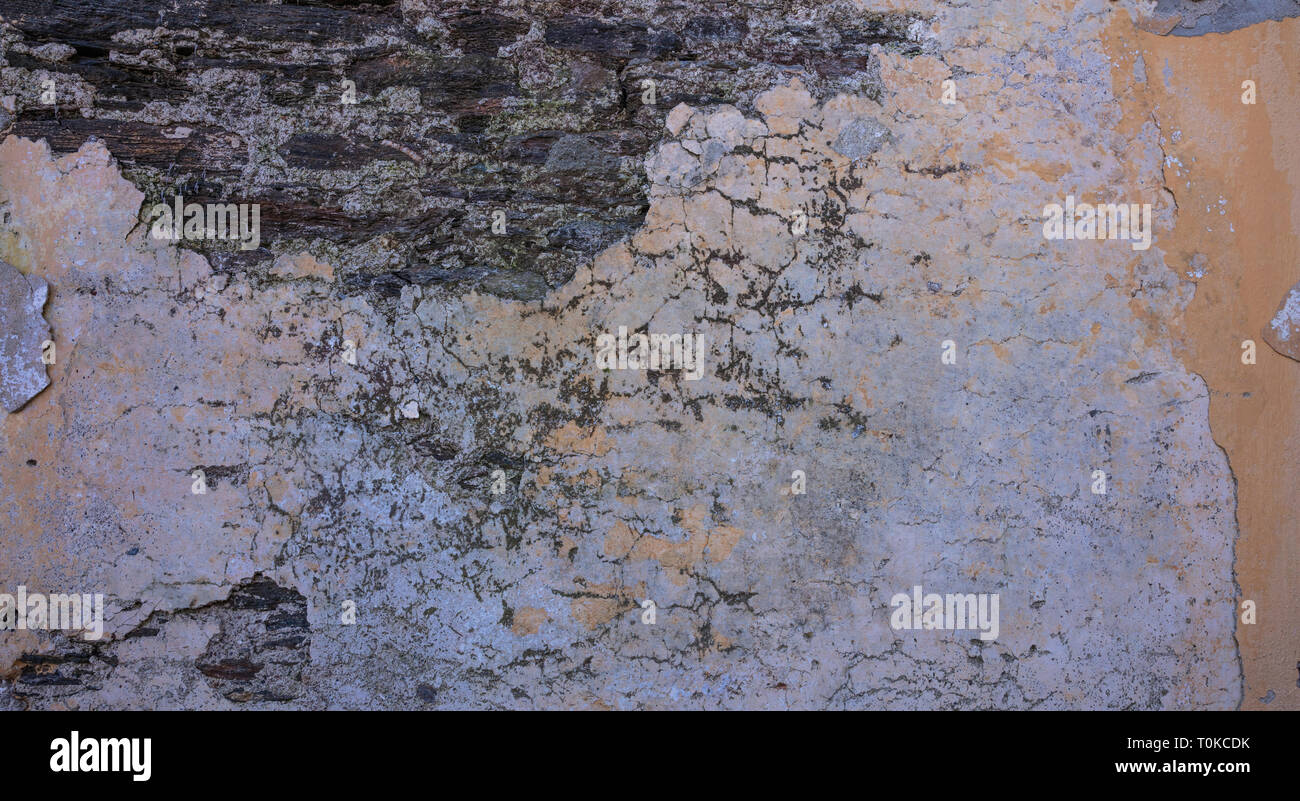 Old, distressed stone wall, building facade. Painted orange color ...